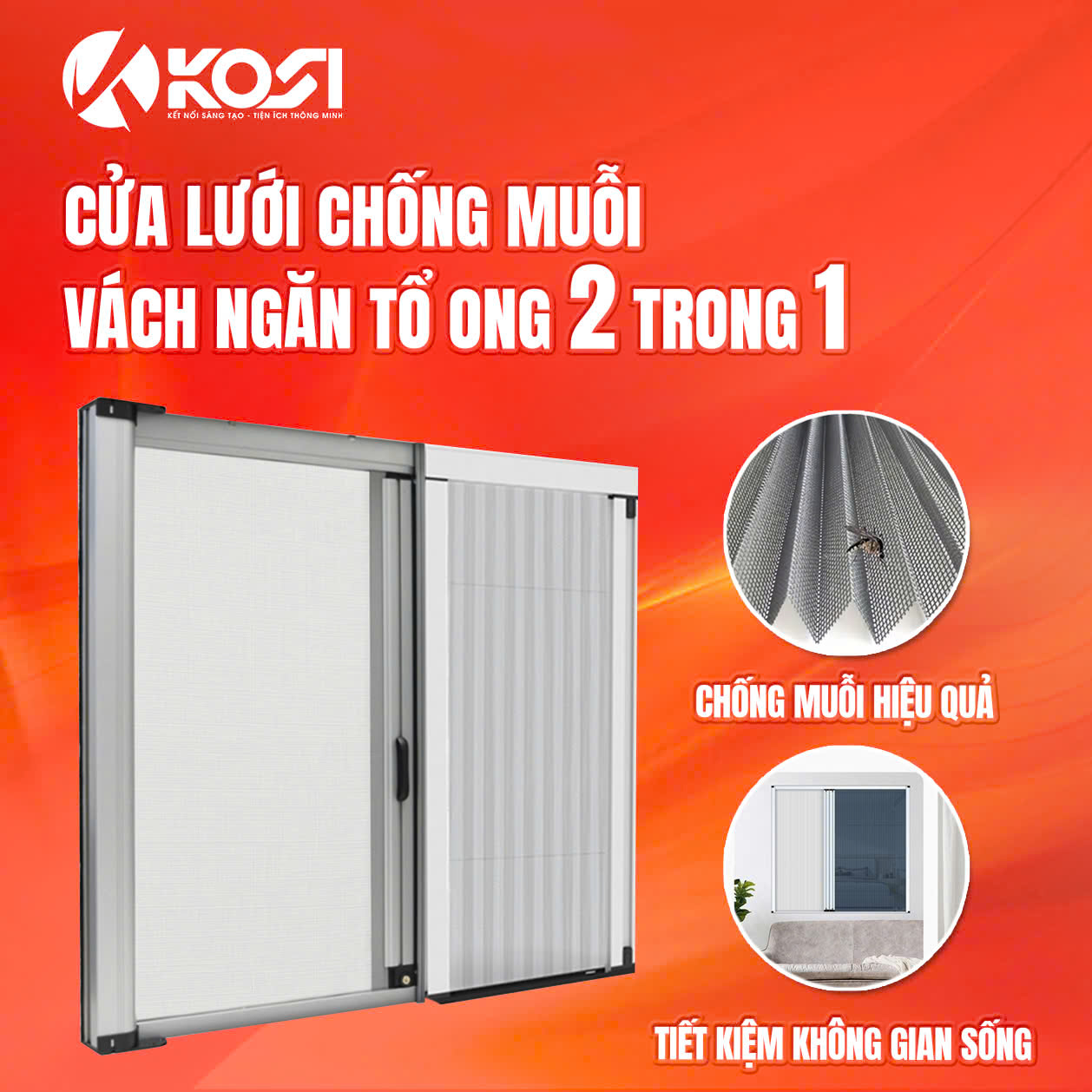 Cửa lưới kết hợp rèm tổ ong KOSI - Giàn phơi thông minh - Mành rèm - Cửa lưới chống muỗi